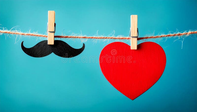 Mustache and Heart Hanging on Rope with Blue Background Stock ...
