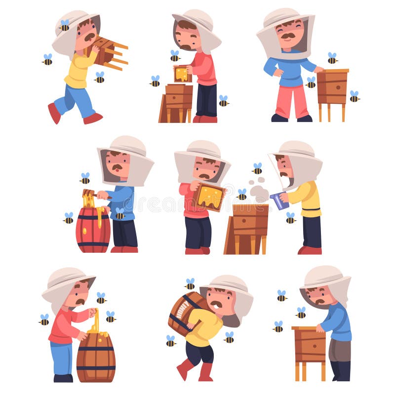 Mustached Beekeeper Keeping Honey Bee Engaged in Apiculture Vector Set ...