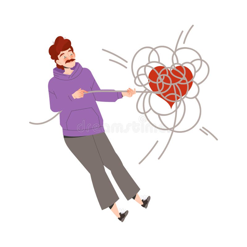 Mustached Man Pulling Entangled Around Heart Rope Having Relationship ...