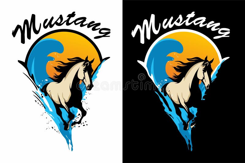 Mustang Horse and Sea Water Logo Design Art Stock Vector - Illustration ...
