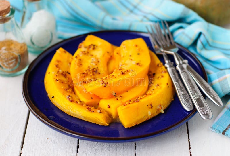 Mustard, Honey and Garlic Roast Pumpkin Stock Photo - Image of oven ...