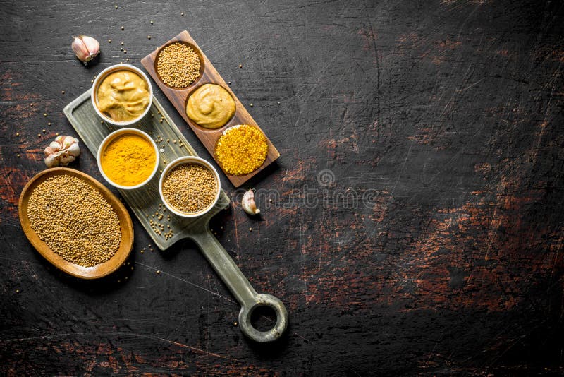 Mustard in a Plate, on a Cutting Board and a Stand Stock Photo - Image ...