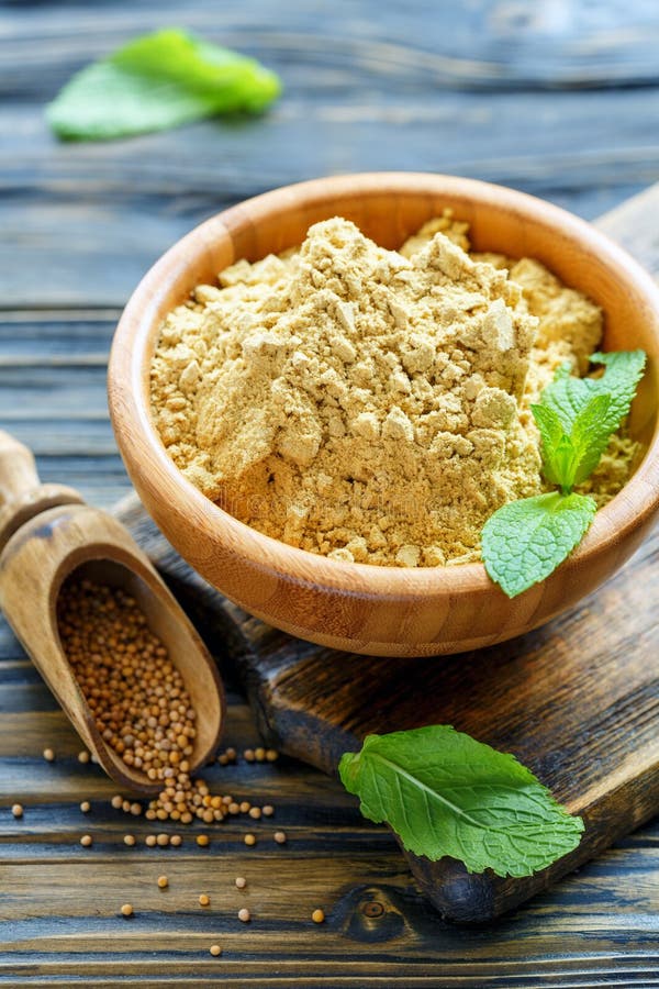 Mustard Powder in a Wooden Bowl. Stock Photo - Image of wooden ...