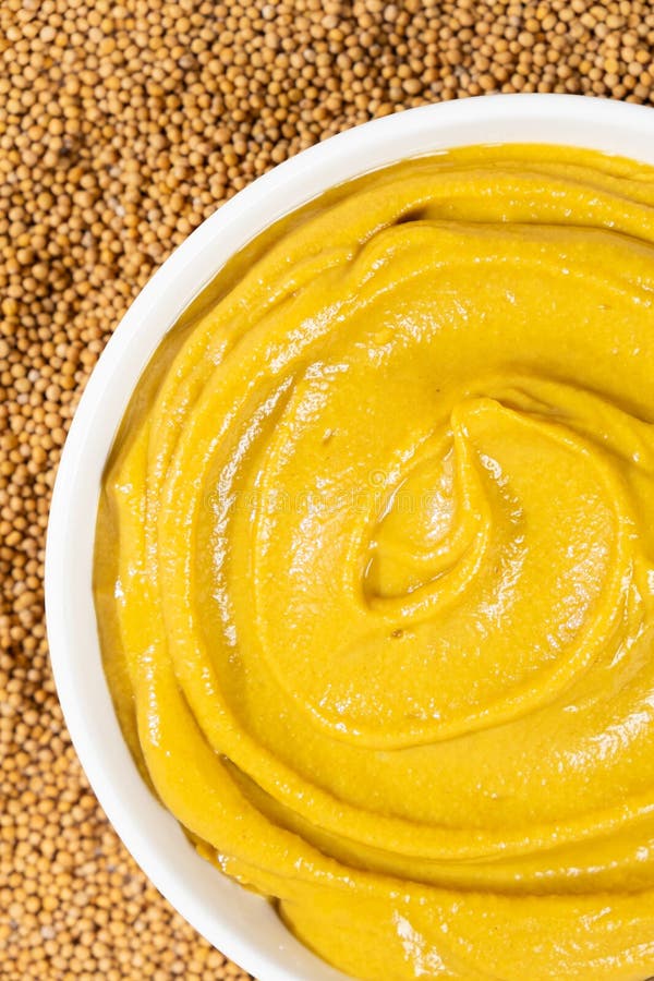Mustard Sauce and Dry Mustard Seeds, Top View. Stock Image - Image of ...
