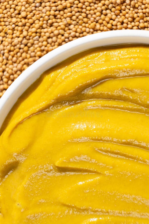 Mustard Sauce and Dry Mustard Seeds, Top View. Stock Image - Image of ...