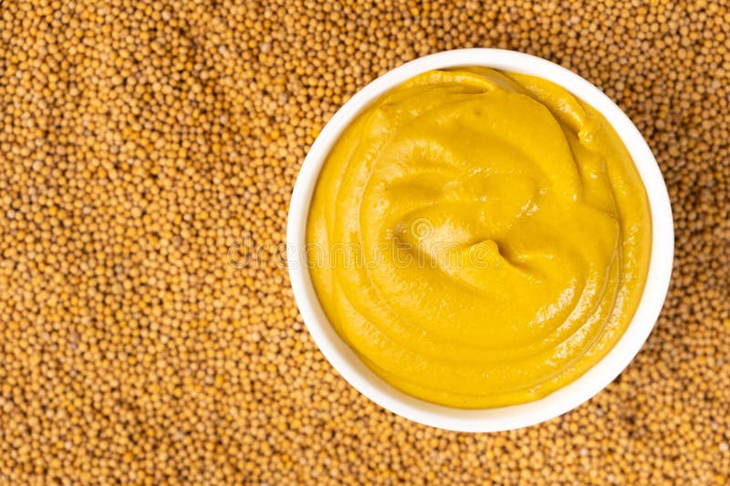 Mustard Sauce and Dry Mustard Seeds, Top View. Stock Image - Image of ...