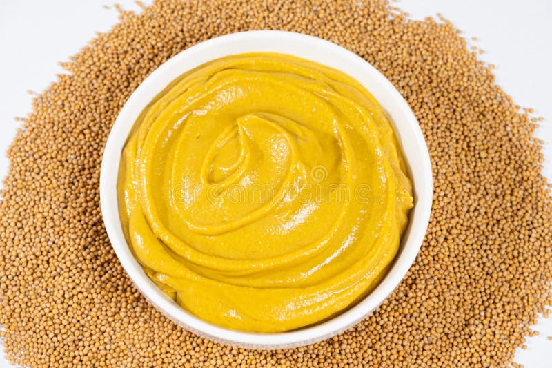 Mustard Sauce and Dry Mustard Seeds, Top View. Stock Image - Image of ...