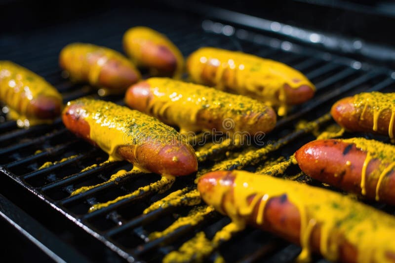 Mustard Smeared on Grilled Sausages on a Bbq Grill Stock Photo - Image ...