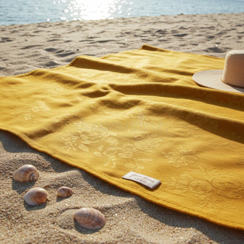 Mustard Yellow Beach Blanket on Sandy Shore Stock Illustration ...