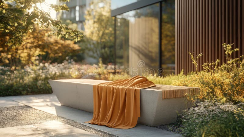 Mustard Yellow Blanket on Concrete Bench in Garden Stock Illustration ...