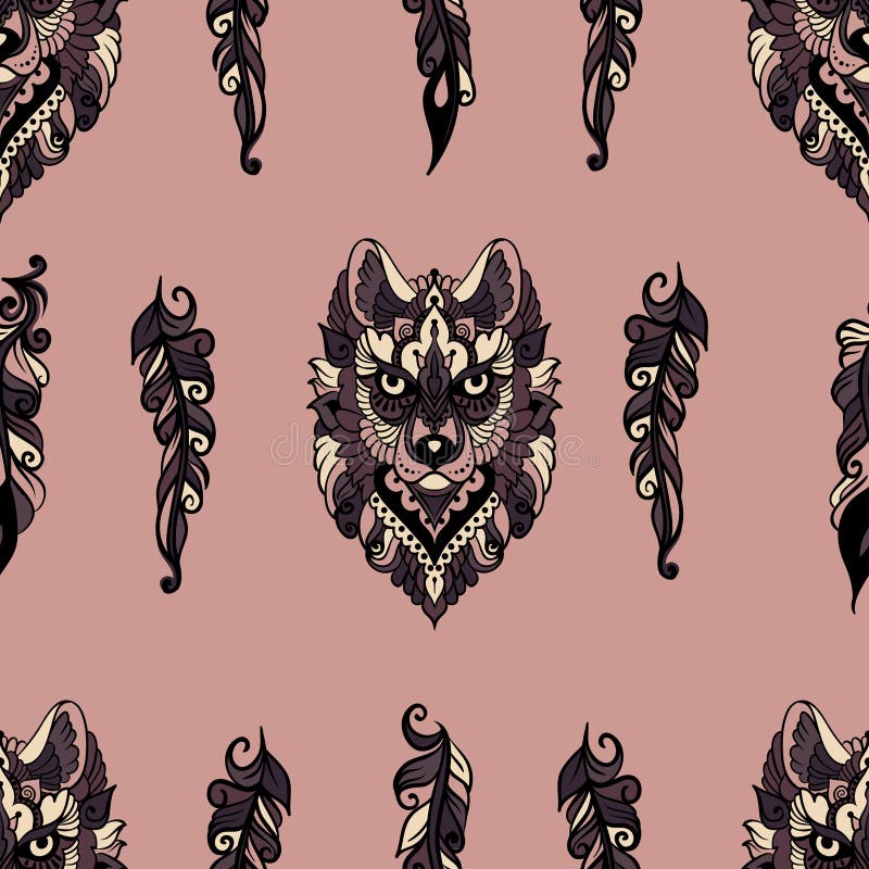 Muster mit Wolf und Federn vektor abbildung. Illustration von graphik ...