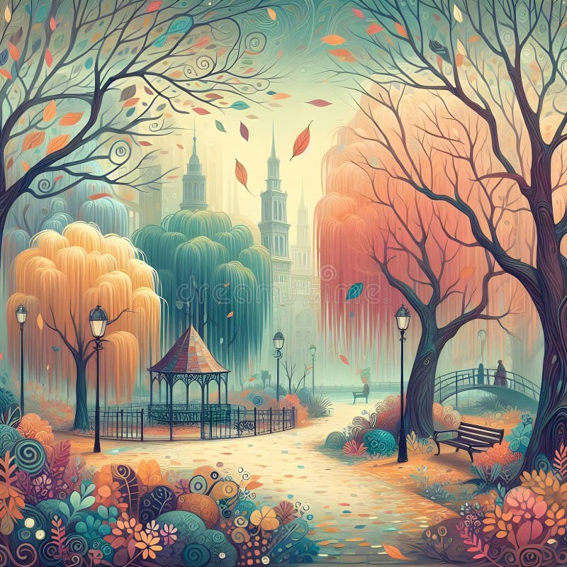 Muted Colors Whimsical Urban Landscape with Weeping Willows and Wind ...