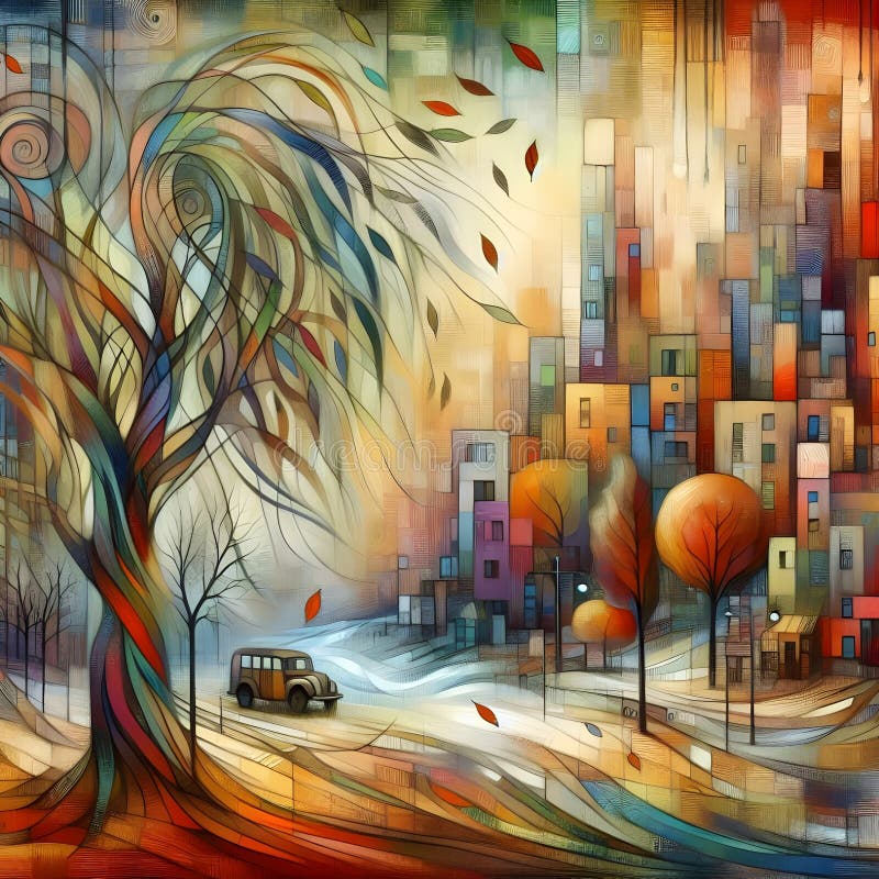 Muted Colors Whimsical Urban Landscape with Weeping Willows and Wind ...