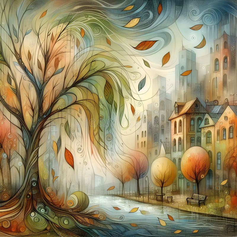 Muted Colors Whimsical Urban Landscape with Weeping Willows and Wind ...