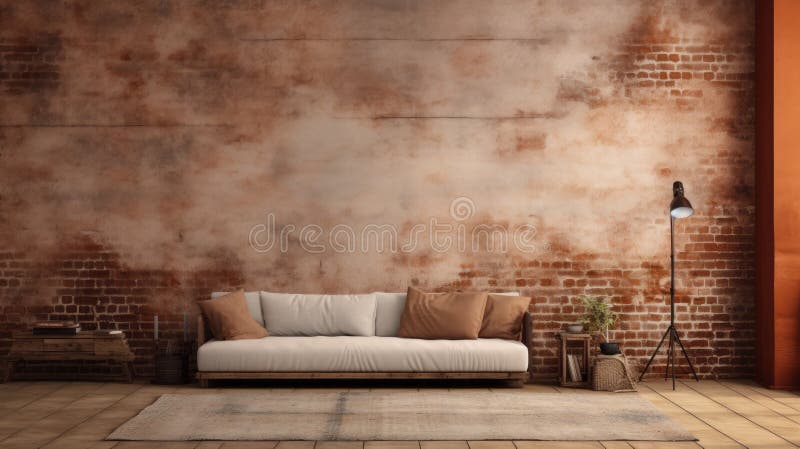 Muted Earth Tones: 3d Red Brick Walls Room Interior with White Sofa and ...
