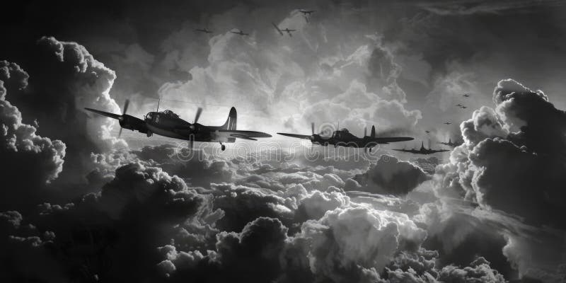 Muted Noir Noire Black and White Cloudscape with WWII Airplanes in ...