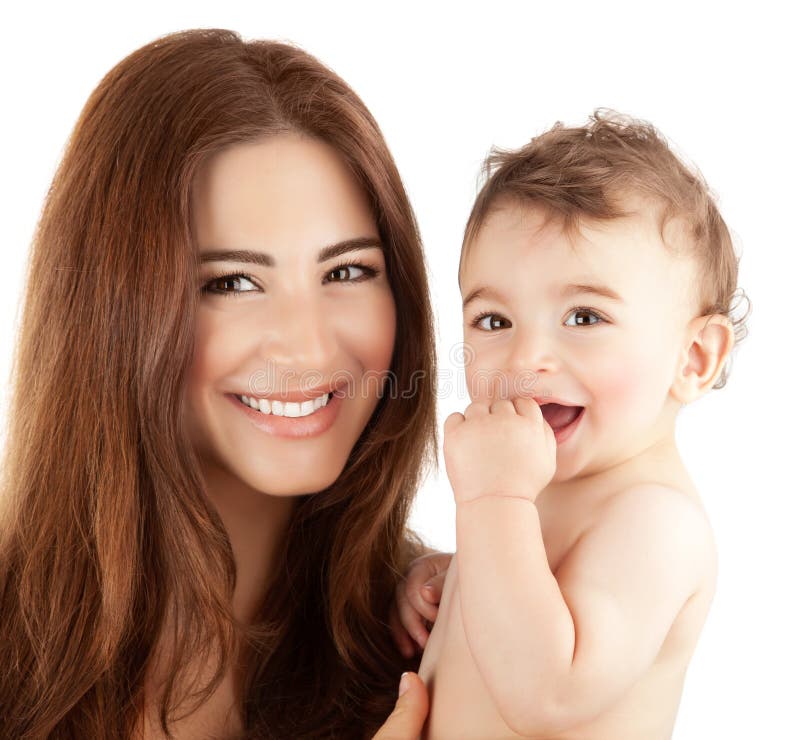 Mutter Mit Dem Baby Lokalisiert Auf Weiß. Glückliche Familie Mit ...