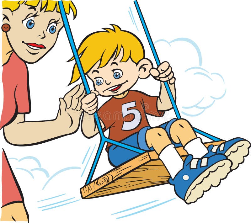 Mutter Schwingt Ihren Sohn Auf Einem Schaukel Auf Dem Spielplatz Vector ...