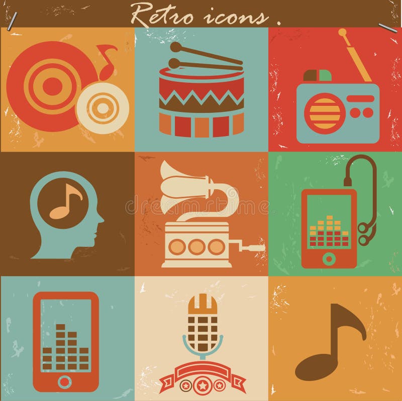 Muziek retro pictogrammen vector illustratie. Illustration of pictogram ...
