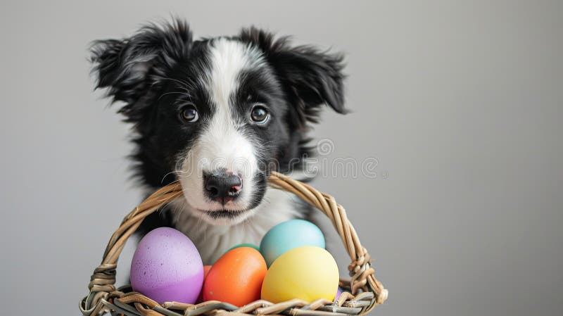 Muzzle of Border Collie Dog with Basket of Easter Eggs in Mouth ...