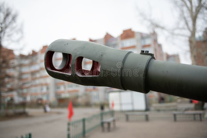 Muzzle Brake of a Gun at a Military Base in the City. Stock Photo ...