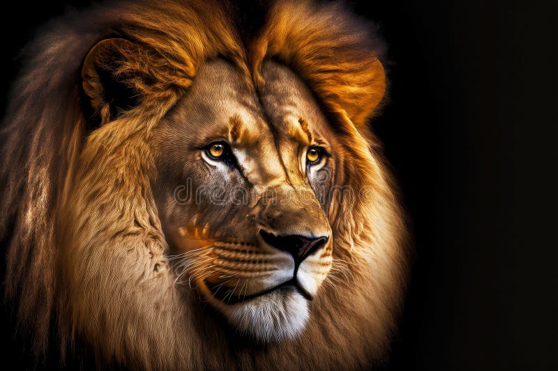 Muzzle of Large Wild Predatory Lion with Mane on Dark Background Stock ...
