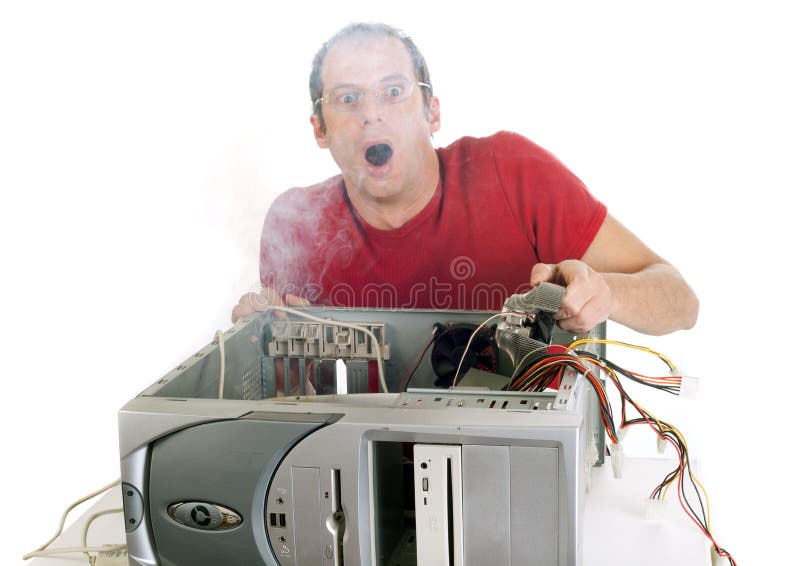 Man and computer burning stock photo. Image of geek, funny - 13918128