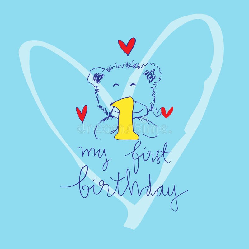 My First Birthday Lettering with Cute Bear Stock Illustration ...