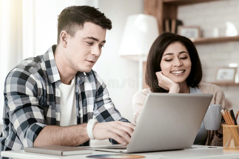 Positive Delighted Man Working on Distance at Home Stock Photo - Image ...
