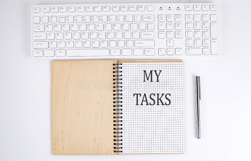 MY TASKS Text on the Notebook with Keyboard on White Background Stock ...