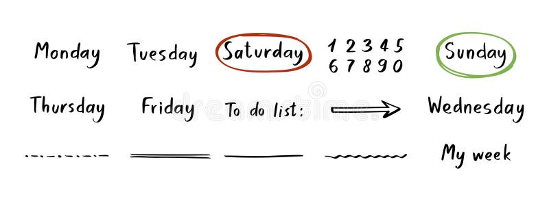 My Week Handwritten Names Days and Numbers, Underlines. Doodle Hand ...