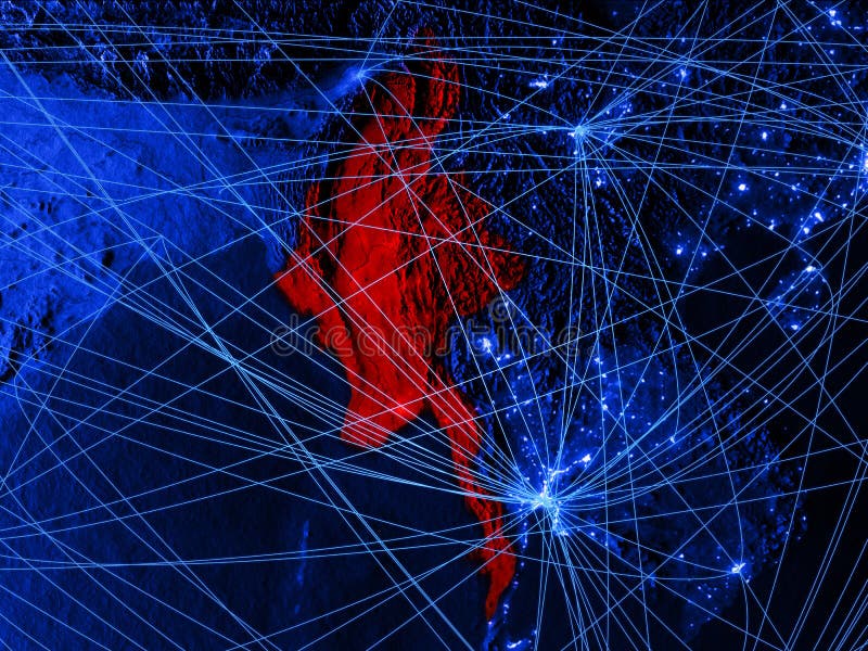 Myanmar on Blue Digital Map with Networks. Concept of International ...