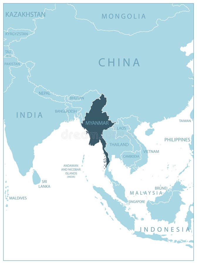 Myanmar - Blue Map with Neighboring Countries and Names Stock ...