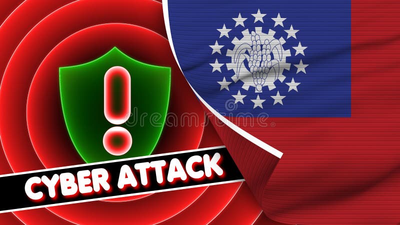 Myanmar Burma Realistic Flag with Cyber Attack Title Fabric Texture 3D ...