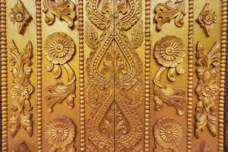 Wood Carving on the Pillar and Wall House in Myanmar. Stock Photo ...