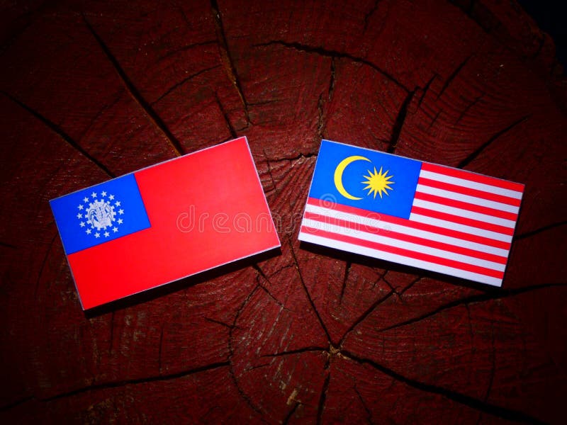 Myanmar Flag with Malaysian Flag on a Tree Stump Isolated Stock ...