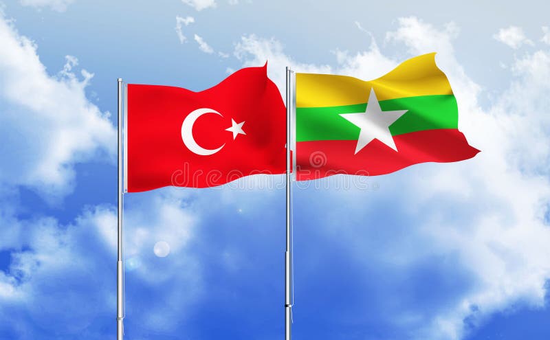 Myanmar and Turkey Flags Together Waving Against Blue Sky Stock ...