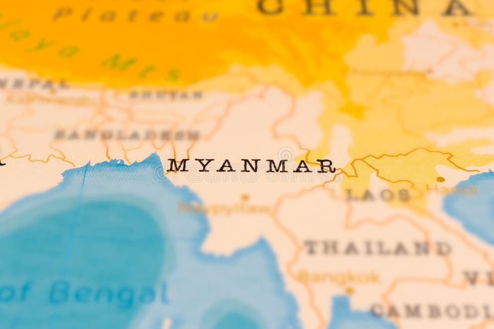 Myanmar in Focus on a Tilted World Map. Stock Illustration ...