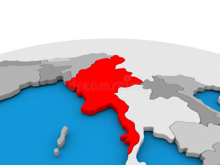 Myanmar on globe in red stock illustration. Illustration of myanmar ...