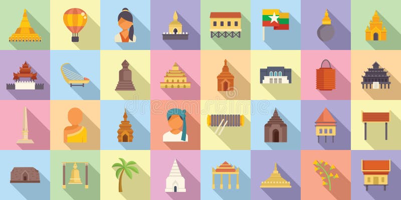 Myanmar Icons Set Flat Vector. Landmark Map Stock Vector - Illustration ...