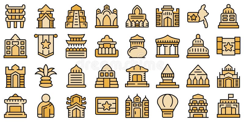 Myanmar Icons Set Outline Vector. Burma Yangon Stock Vector ...