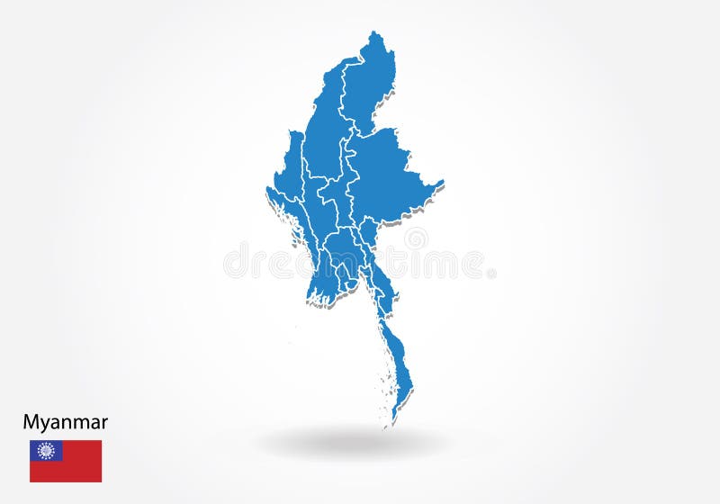 Myanmar Map Design with 3D Style. Blue Myanmar Map and National Flag ...
