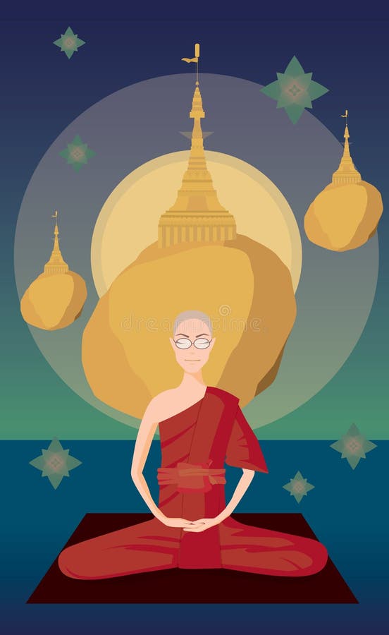 Myanmar Monk Meditation in Front of Kyaikhtiyo Pagoda Stock Vector ...