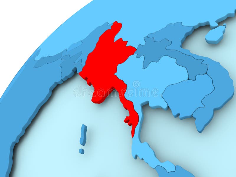 Myanmar on blue globe stock illustration. Illustration of political ...