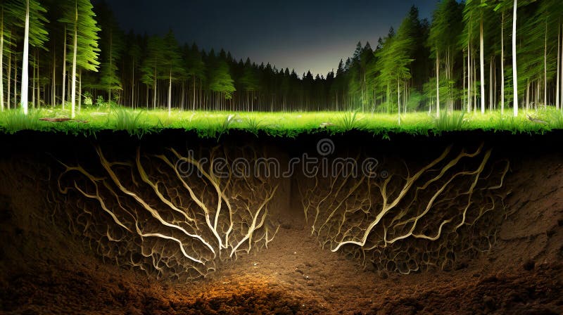 Mycelium Network Fungal Root System Underground. Trees in Forest ...