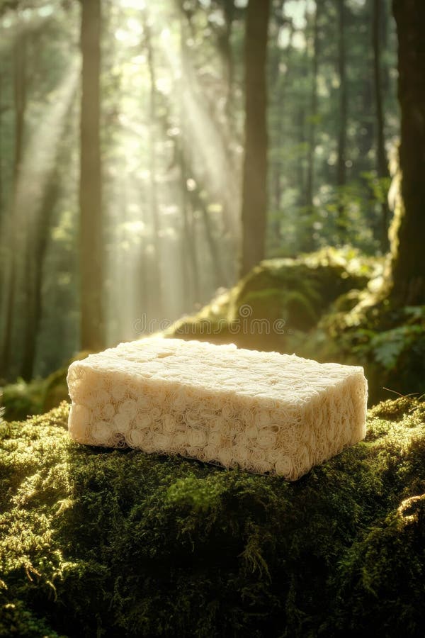Mycelium Packaging Box Placed on Moss in Serene Forest, Featuring ...