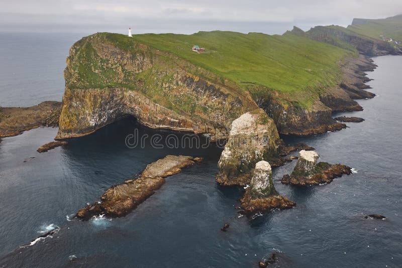 Mykines Lighthouse and Cliffs on Faroe Islands from Helicopter Stock ...