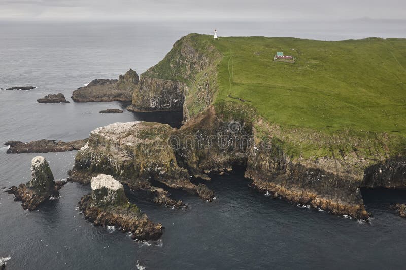 Mykines Lighthouse and Cliffs on Faroe Islands from Helicopter Stock ...