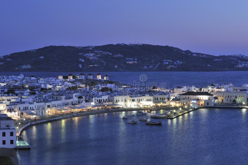 Mykonos Port at night stock photo. Image of view, windmill - 15641336