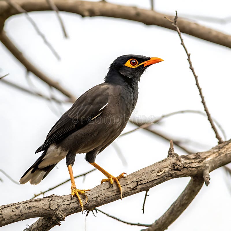Mynah Bird with Striking Yellow and Black Plumage, Perched on a Tree ...